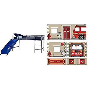 DHP Junior Twin Metal Loft Bed with Slide, Multifunctional Design, Silver with Blue Slide & Fire Department Design Curtain Set for Junior Loft Bed, Kids Furniture, Blue