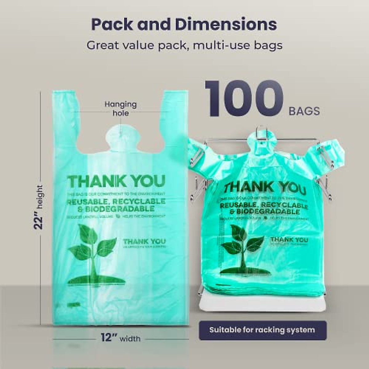 [100 Pack] Reusable Plastic T-Shirt Bag Eco Friendly Grocery Shopping Thank You Recyclable Trash Basket Bags