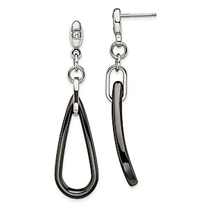 FB Jewels Solid Stainless Steel Polished Black Ceramic CZ Cubic Zirconia Dangle Post Earrings