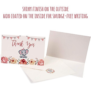 VNS Creations 50 Baby shower thank you cards with envelopes - Baby Shower Thank You Cards - Baby Shower Cards - Elephant Baby Shower Thank You Cards - Baby Girl Shower Card with Envelopes & Stickers