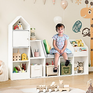 Vabches Kids Reading Nook with Bench - Bookshelf & Bookcase with Seat Cushion, 7 Opening Storage Cubbies, 3-Tier File Organizers, Toy Storage Box & Chest for School, Study, Playroom & Bedroom.