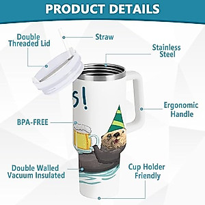 Exnundod 40 oz Tumbler with Handle Cute Otter Cheers Beer Insulated Stainless Steel Cup with Lid and Straw Travel Cup Leak-proof Fits in Car Cup Holder for Iced & Hot