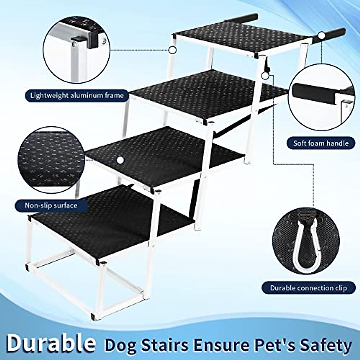 Extra Wide Foldable Dog Car Steps for Large Dogs, Portable Folding Pet Stair Ramp with Non-Slip Rug Surface，Lightweight Dog Ramps for Cars and SUV,Truck, Dog Car Stairs for Large Dogs Up to 250 lbs