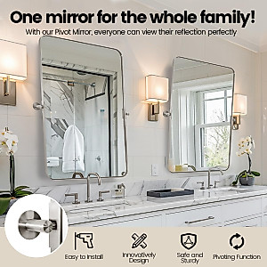 MOON MIRROR Brushed Nickel Pivot Rectangle Bathroom Mirror, Modern Tiltable Rounded Rectangular Pivoting Vanity Mirrors for Wall, Stainless Steel Metal Frame, Overall 32.33 x 36 in (Mirror 28x 36 in)