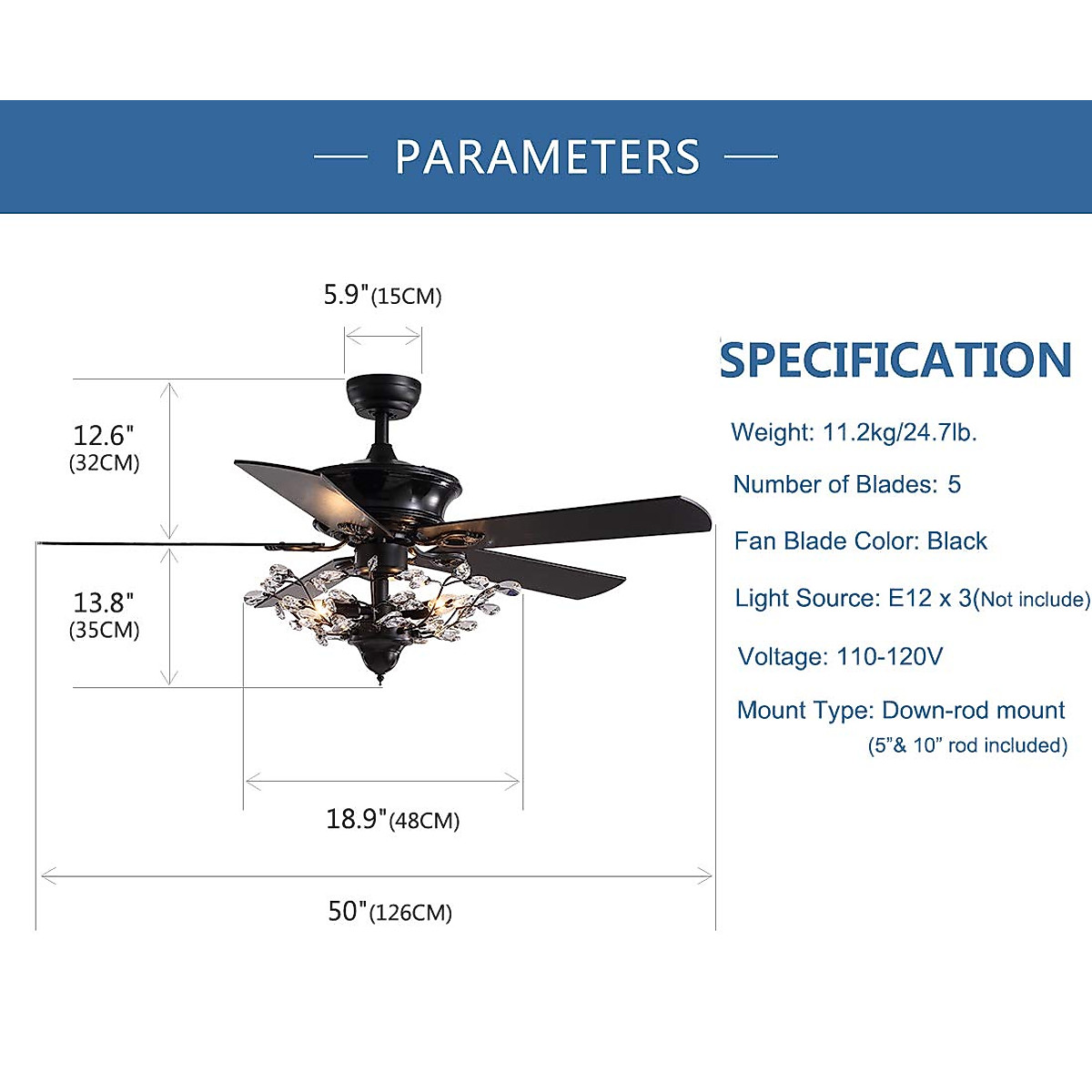 Moooni 50 Inch Reversible Crystal Ceiling Fan with Lights, Vintage Chandelier Fan Light KIt Black Fandelier for Bedroom Living Room
