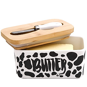 Lumicook Cow Large Butter Dish with Lid, Butter Dish with Lid for Countertop, Ceramic Butter Dish with lid and knife, Butter Keeper Double Silicone Seals, Perfect for 2 Sticks of Butter black