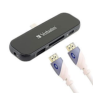 Verbatim 6-in-1 USB C Hub Adapter - 100W Power Delivery, USB 3.0 Ports, SD Card Readers, 3.5mm Audio Port for USB C Laptops + 6FT Monster 4K Ultra HDMI Cable