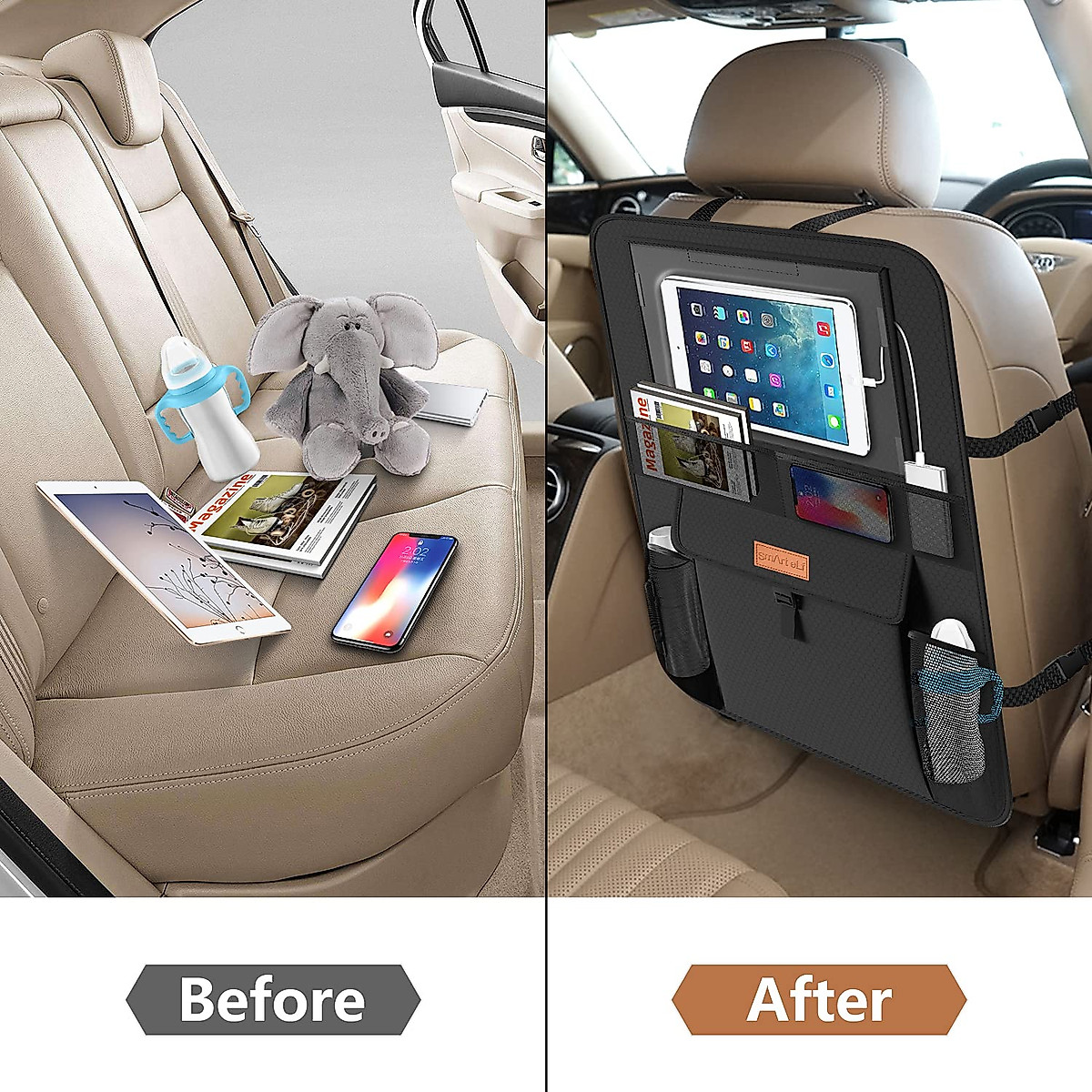 SMART ELF Backseat Car Organizer with iPad Holder + 6 Storage Pockets, Back Seat Protectors Kick Mats for Child Baby Kids, Premium Fabric with Sag Proof, Waterproof