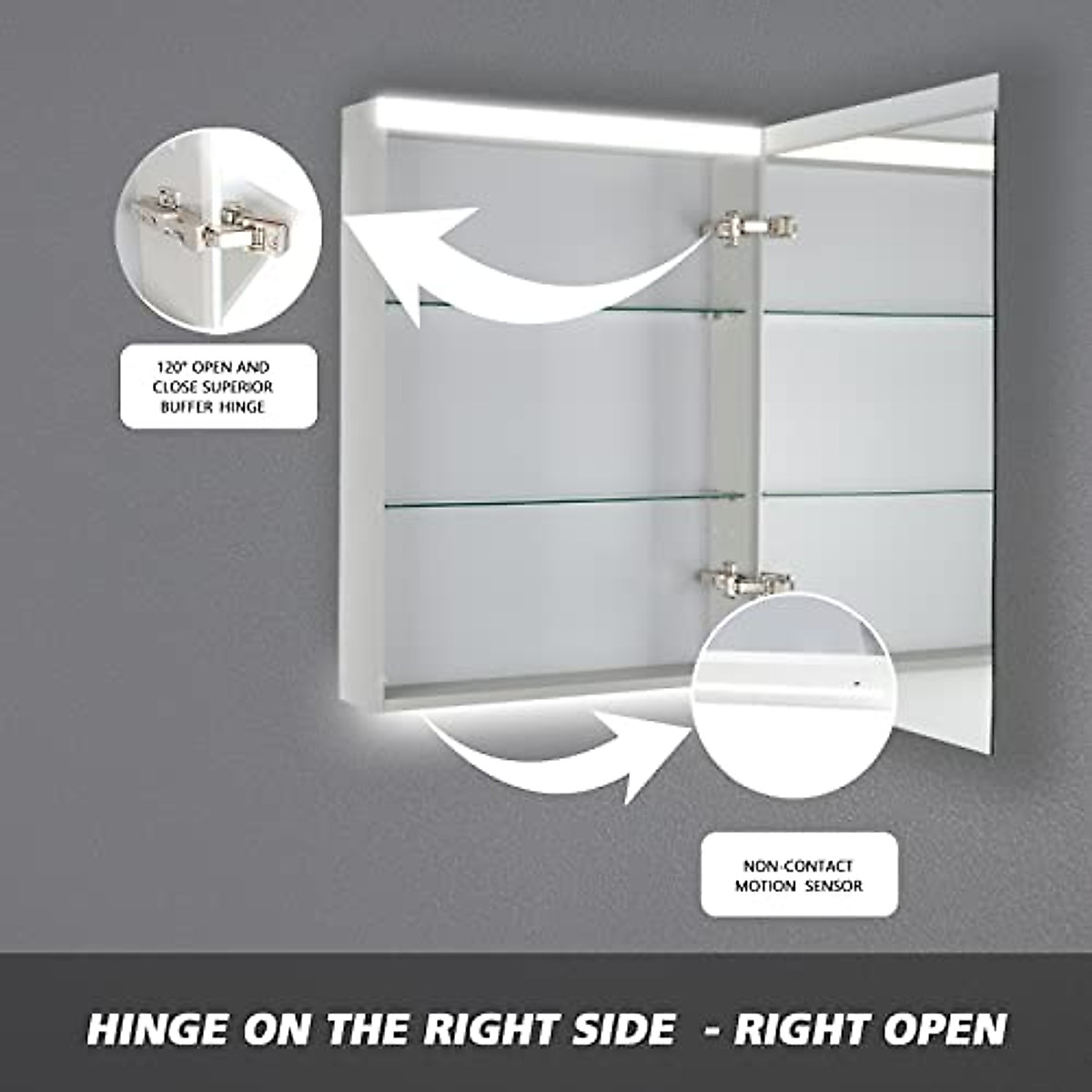 ExBrite LED Lighted Bathroom Medicine cabinets with Mirror,24 x 30 inch Mirror Medicine Cabinet,Aluminum Frame,3-Layer Storage Shelves,Infrared Sensor Switch,Dimmable(Right Opening Door)