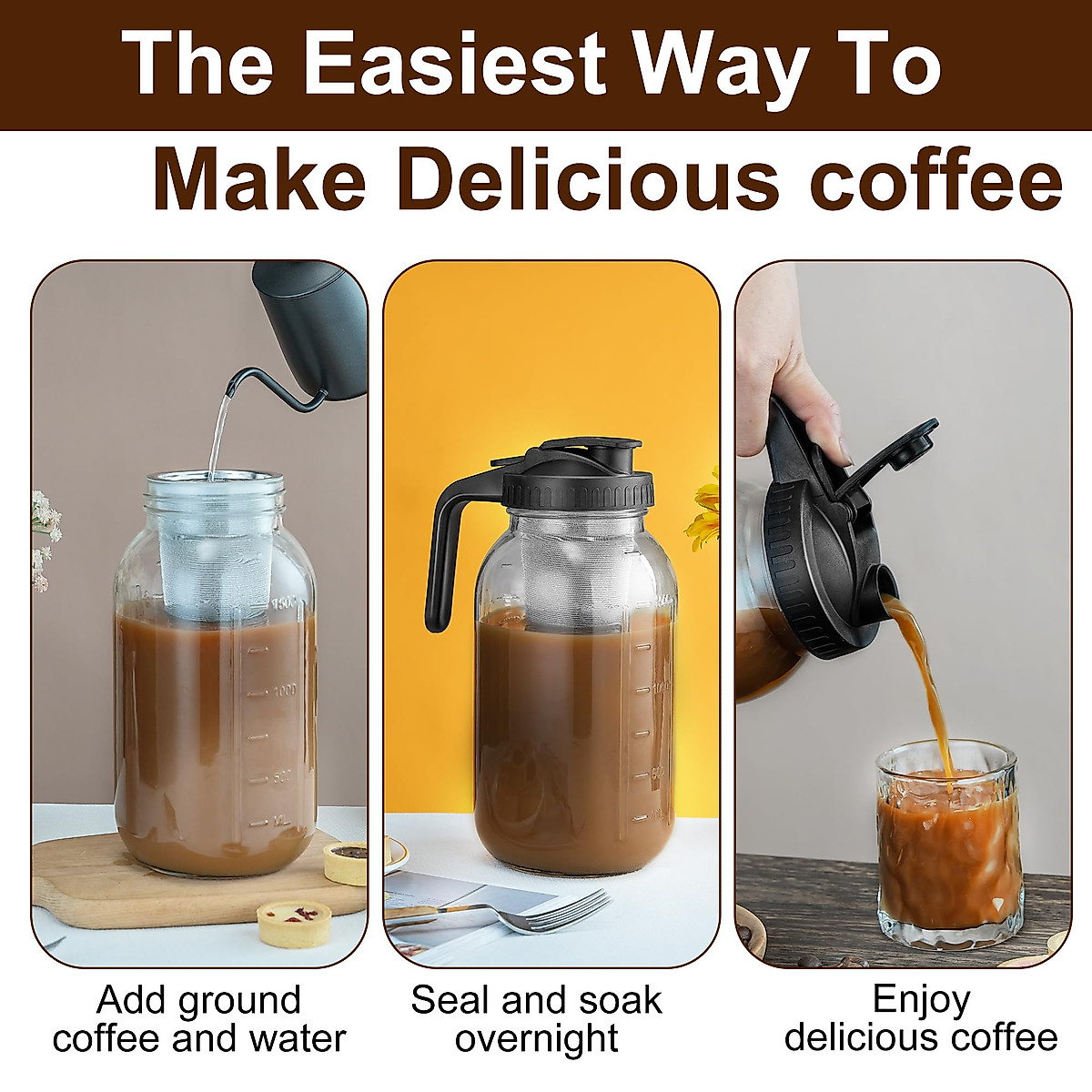 Behidiruch Cold Brew Coffee Maker Pitcher, 64 oz Iced Coffee Maker with Stainless Steel Filter and Pour Spout Handle Lid, Wide Mouth Thick Glass Mason Jar for Iced Coffee, Lemonade, Fruit Drinks