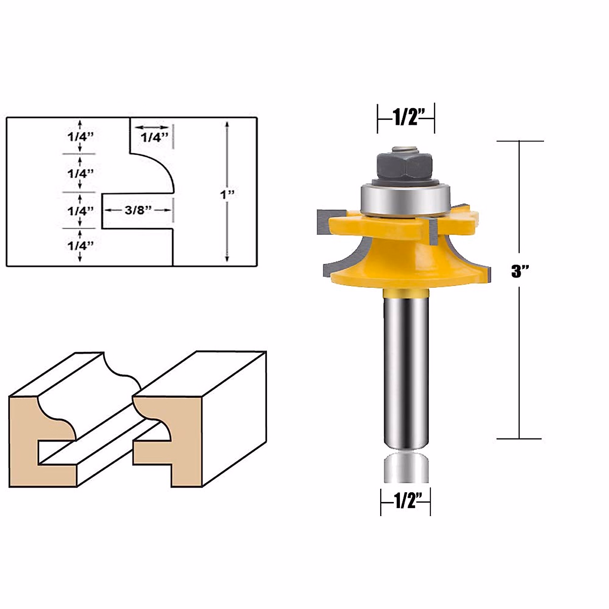LEATBUY 1/2 Inch Shank Raised Panel Router Bit Set 3 PCS, Round Over Cabinet Door Rail and Stile Router Bits, Woodworking Wood Cutter, Wood Carbide Groove Tongue Milling Tool(1/2-Double R)