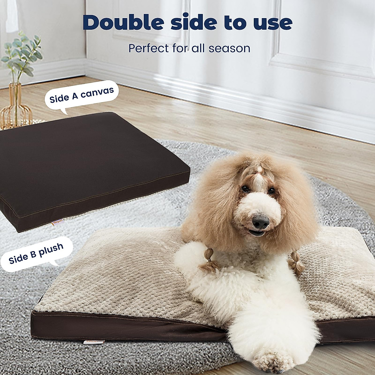 Miguel Canvas Dog Bed with Silky Sherpa Top,12 Ounce 100% Cotton Dog Pillow with Removable Cover, Outdoor Pet Mat Reversible Cool & Warm for All Season Indoor Outdoor 35 in Brown