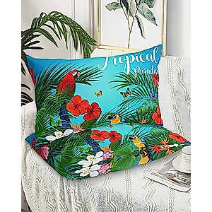 Tropical Plants Pillow Covers King Standard Set of 2 Bed Pillow, Colorful Summer Flowers Botanical Parrot Blue Plush Soft Comfort for Hair/ Skin Cooling Pillowcases with Envelop Closure 20''x36''