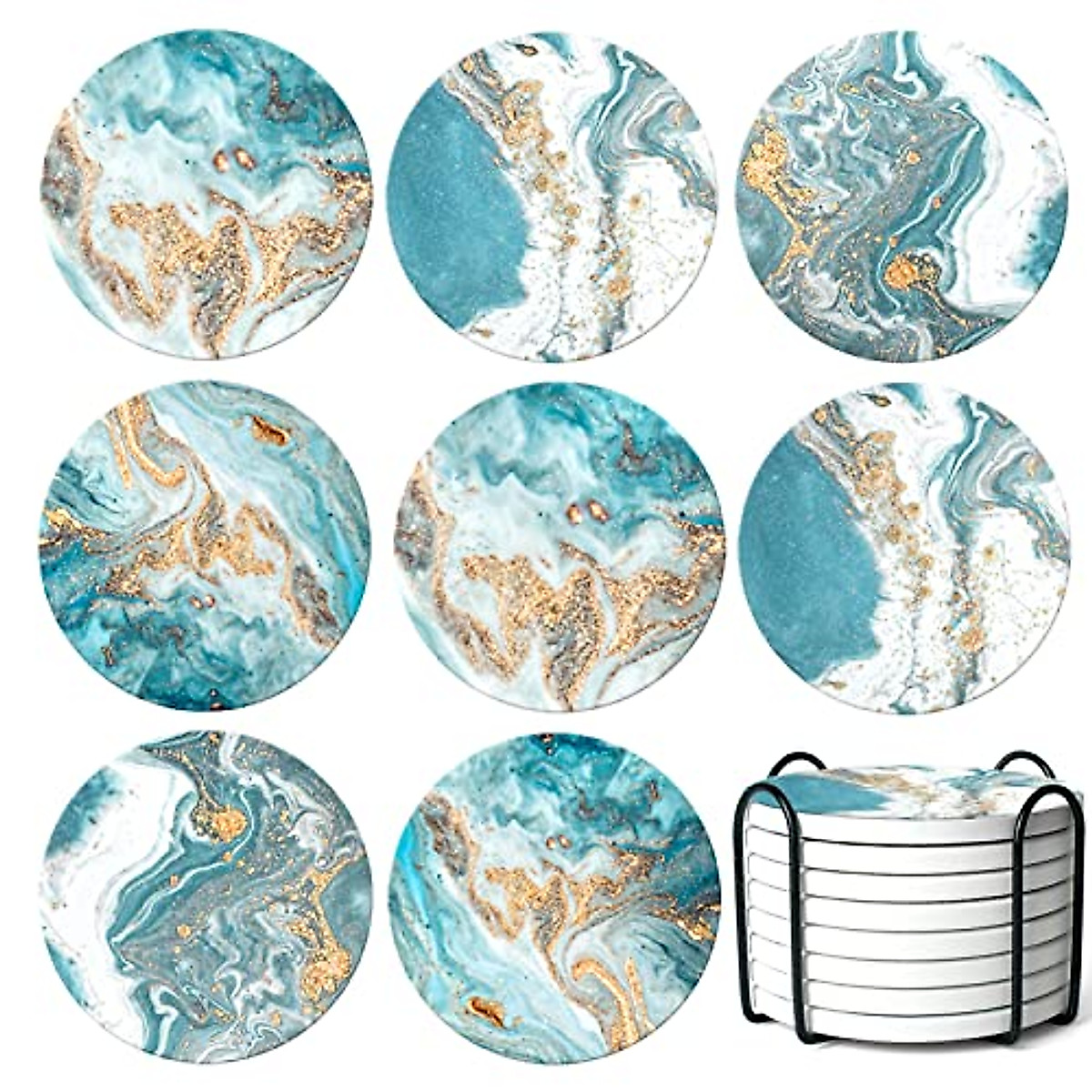 Teivio Round Drink Coasters Set of 8, Blue Marble Absorbent Stone Coaster Set, Cork Base, with Holder, Decorative Cup Coasters for Housewarming