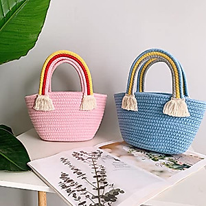 LOHGOU Women Girls Handwoven Cotton Handbag Rainbow Tassel Tote Bag Summer Beach Purse (Pink)