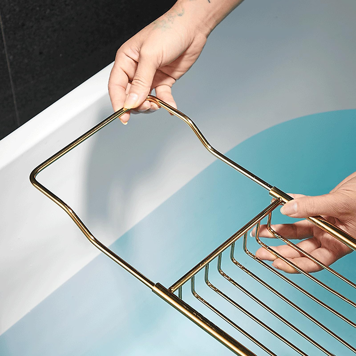 GIYDNEI Stainless Steel Bathtub Caddy Tray, Expandable Bath Tub Tray Table, Adjustable Bathroom Tray, Bath Organizer Tub Shelf,Black,26.8~35.4in