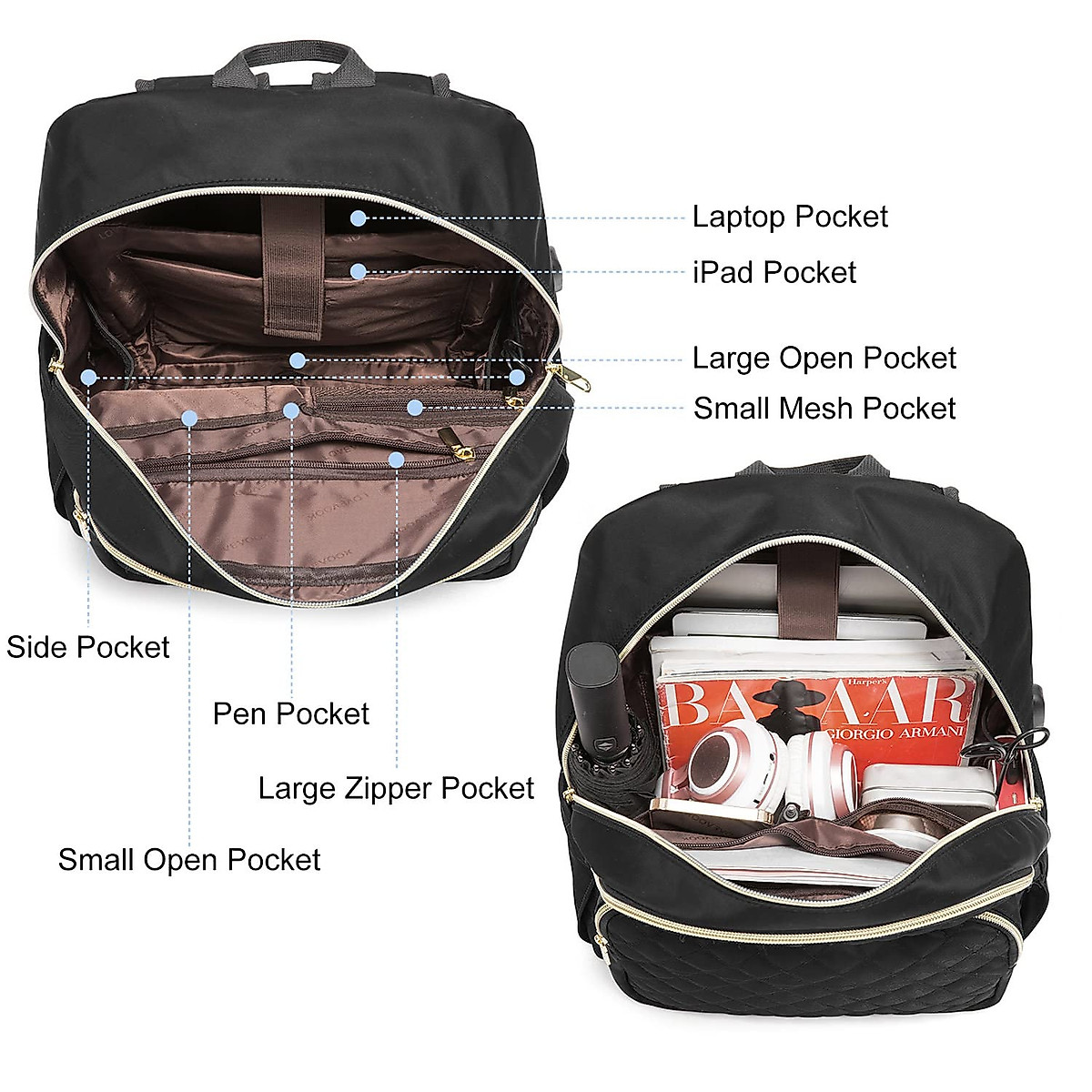 LOVEVOOK Laptop Backpack for Women, Quilted Laptop Bag Travel Backpack Purse With Anti-Theft Zipper, Stylish 15.6 Inch Work Computer Bags College School Bookbag with USB Charging Port, Black