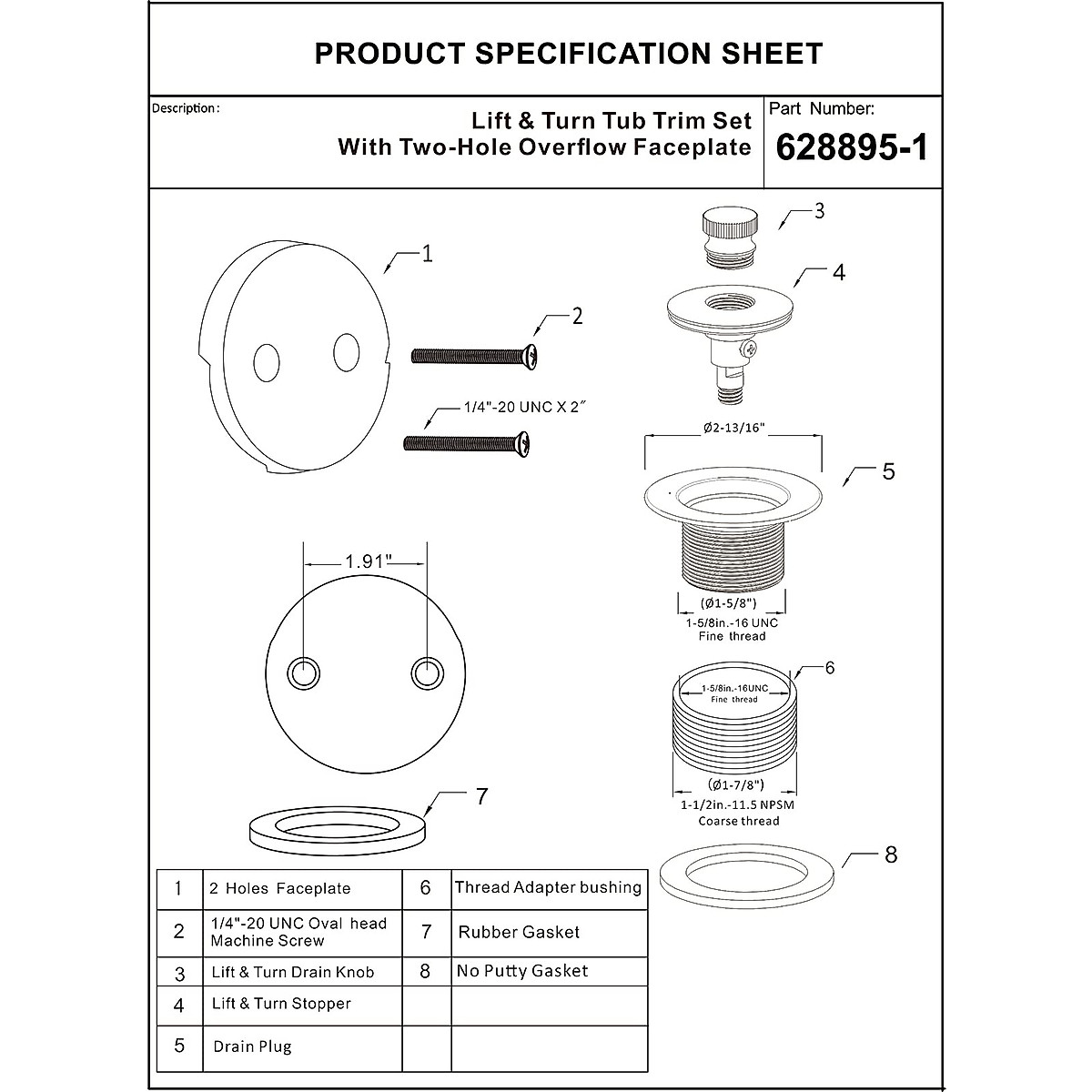 Champagne Bronze Lift & Turn Tub Trim Set with Two-Hole Overflow Faceplate and No Putty Gasket, Bathtub Conversion Kit Assembly with Universal Fine/Coarse Thread, No Putty Installation by Artiwell