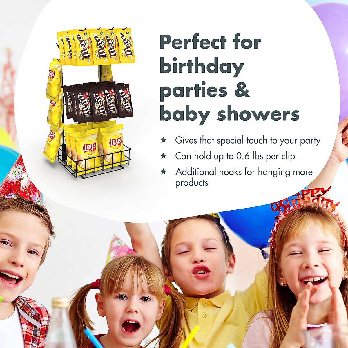 DS THE DISPLAY STORE Retail Display Rack, 12 Clips & 8 Removable Peg Hooks, Matte Black Countertop Snack Organizer for Retail Store Supplies, Candy Merchandise Stand