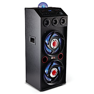 QFX SBX-412207BT TWS Bluetooth Cabinet Speaker with Dual 12" Woofers, LED Party Lights, FM Radio, USB/TF Card Ports, Aux Input, Red