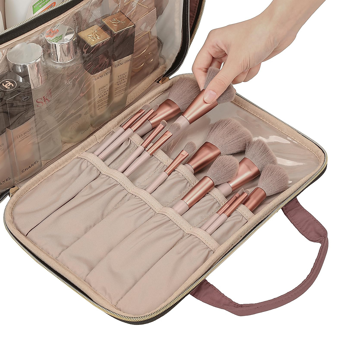 NISHEL Travel Makeup Bag, Portable Cosmetic Organizer, Stand Up Toiletry Bag, Travel Cosmetic Case for Travel Sized Toiletries, Rosewood-Pink