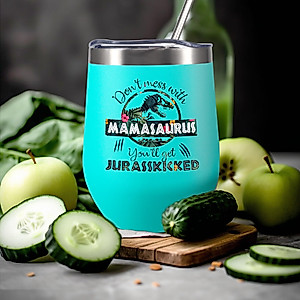 ATHAND Mothers Day Gifts for Mom,Mamasaurus Tumbler Gifts for mother in law with Lid 12oz Wine Glasses,Mom Cup Double Wall Insulated Coffee Mug,Birthday Gift for Wife Women (Mint)