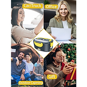 Buddew Electric Lunch Box 80W Food Heater for Adults, 12/24/110V Portable Lunch Warmer Upgraded Heated Lunch Box for Car/Truck/Office with SS Fork&Spoon and Insulated Carry Bag(Yellow)