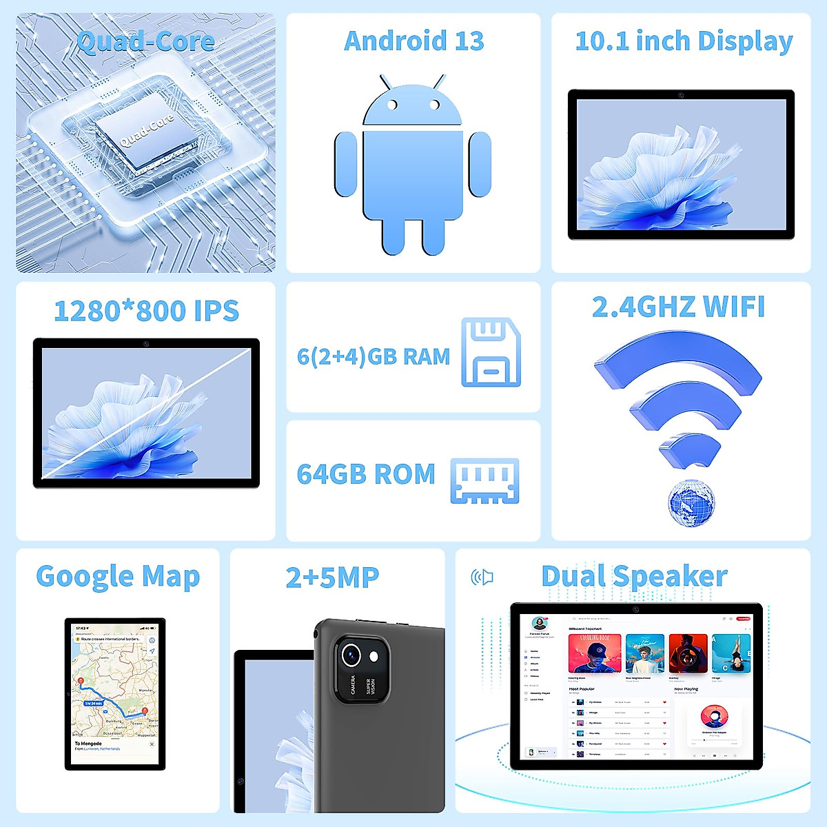 JUNINKE Android Tablet, 10 inch Tablet for Kids with Case, 64GB ROM 512GB Expand, Quad-Core Processor, 1280x800 IPS Screen, GPS, WiFi, Dual Camera, Bluetooth, 6000mAh