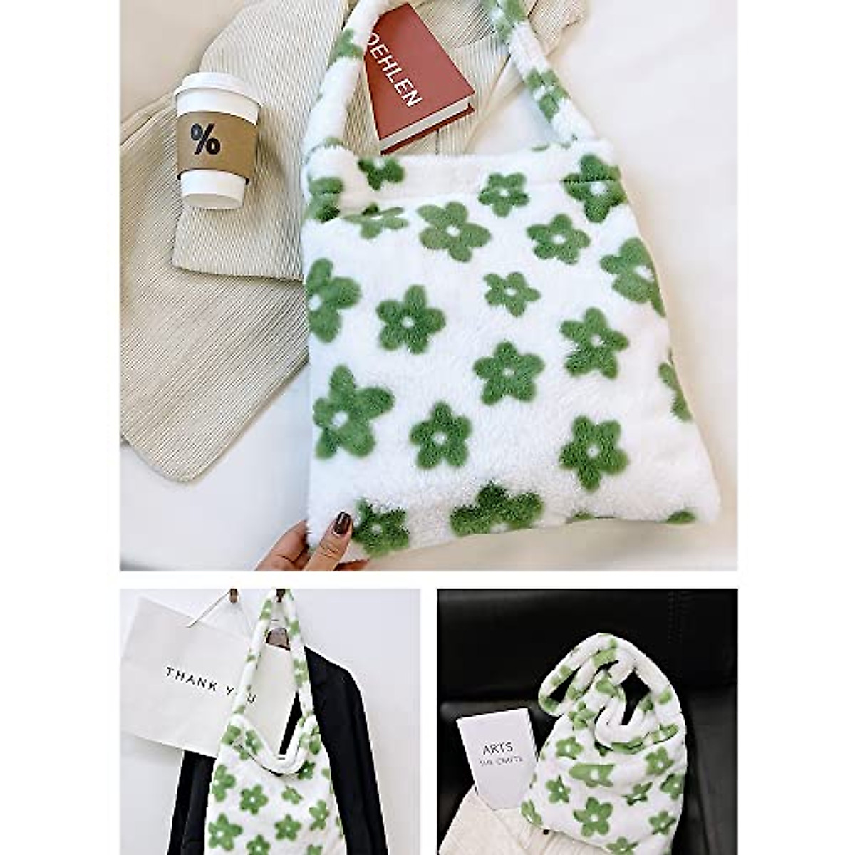 Fluffy Tote Bag Y2K Fuzzy Hobo Bag Purse Plush Furry Aesthetic Shoulder Bag for Autumn Winter (Green-Flower)