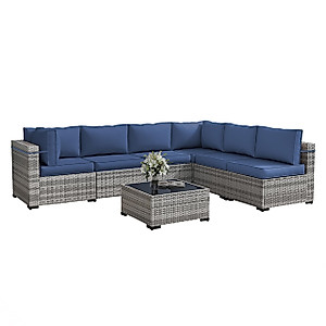 Amopatio Patio Furniture Set, Outdoor Patio Furniture Wicker Furniture Couch Set, 7-Pieces Outdoor Sectional Sofa with Patio Furniture Cover, Outdoor Patio Set for Home Furniture (Navy Blue)