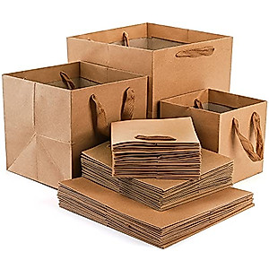 Yesland 30 Pack Kraft Bags with Ribbon Handles, 3 Sizes Paper Gift Wrap and Shopping Bags, Reusable Square Large Retail Business Packaging Bags for Goodie, Party, Wedding, Present(10'', 8'', 6'')