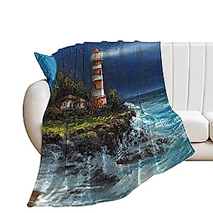 Lighthouse Blanket Lighthouse on Beach Seaside at Starry Night Fleece Throw Blankets, Super Soft Lighthouse Decor Winter Warm Sofa Bed Blanket, Lighthouse Gifts for Women Men Adults Kids, 50"X40"