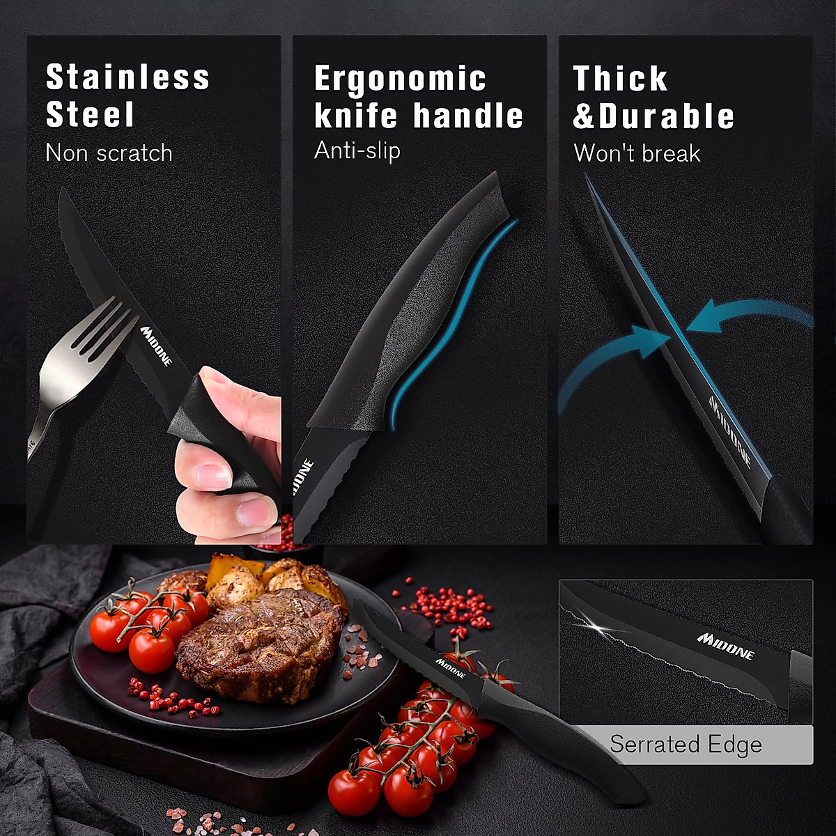 MIDONE 8 Pcs Steak Knives, Steak Knives Set of 8, High-Carbon Stainless Steel Steak Knife Set, Ergonomic Handles Serrated Steak Knives for Precise Cutting, Elegant Black