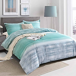 Nanko King Duvet Cover Set, Grey and Blue Teal Striped Print Pattern 3pc 104x90 Microfiber Comforter Quilt Bedding Cover with Zip Ties - Modern Farmhouse Styly for Men and Women Teen, Gray