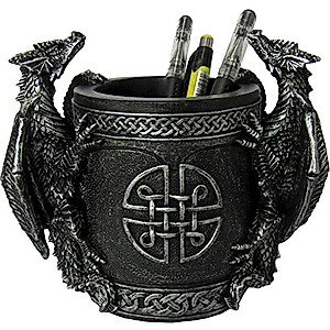 DWK - Literary Beasts - Twin Double Dragon Celtic Gothic Pen Pencil Desk Organizer Makeup Brush Holder Art Supply Caddy Home Office Accent Storage Accessory, Antique Silver Pewter, 6.5-inch