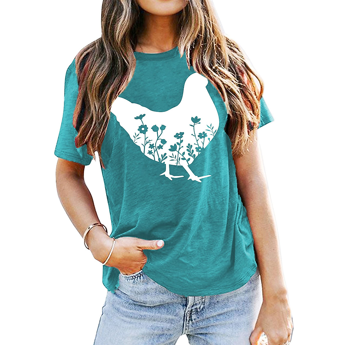 Chicken Shirts for Women Floral Chicken T Shirt Funny Chicken Graphic Tee Casual Farm Girl Clothes