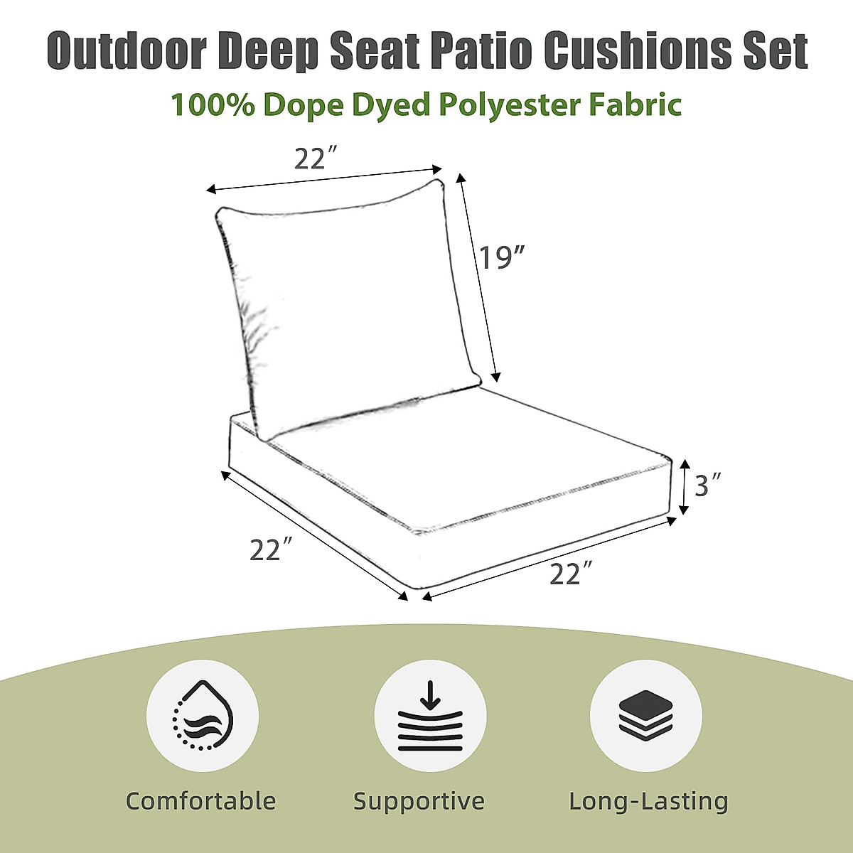 Favoyard Outdoor Deep Seat Patio Cushions Set, 22 x 22 Inch Rainproof & 3-Year Fade Resistant Patio Furniture Cushion, Removable Bottom & Back Cushion with Ties for Yard, Garden, Green Floral