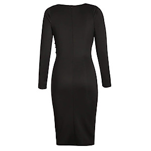 Lrady Women's Deep V Neck Casual Work Bodycon Long Sleeve Party Pencil Midi Dress, Black, X-Large