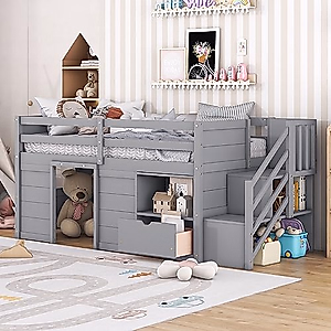 Low Loft Bed with Stairs, Twin Size Storage Loft Bed Frame with Drawers and Shelves, Kids Wooden Loft Bed with Steps for Boys Girls Teens, Gray