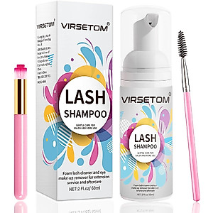 Vemofoper Lash Shampoo for Lash Extensions, Eyelash Extension Cleanser 60ml + Rinse Bottle + Brushes, Lash Bath for Eyelash Extensions, Lash Cleaner, Paraben & Sulfate Free, Salon and Home Use