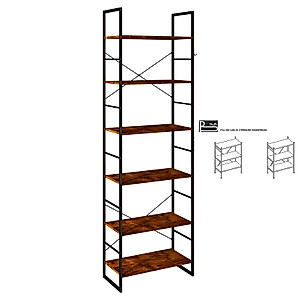 SAILUN 6 Tier Bookshelf, Free Standing Bookcase, Industrial Book Shelf with Metal Frame, Storage Rack Shelves Organizer for Bedroom, Living Room, Home Office，Rustic Brown