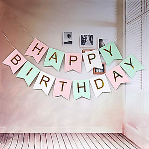 Happy Birthday Banner Girls Party Decorations, Pink&Green&White Girls Birthday Wall Banner, Mint & Pink Banner Garland for Girl Women Birthday Party Decorations Supplies