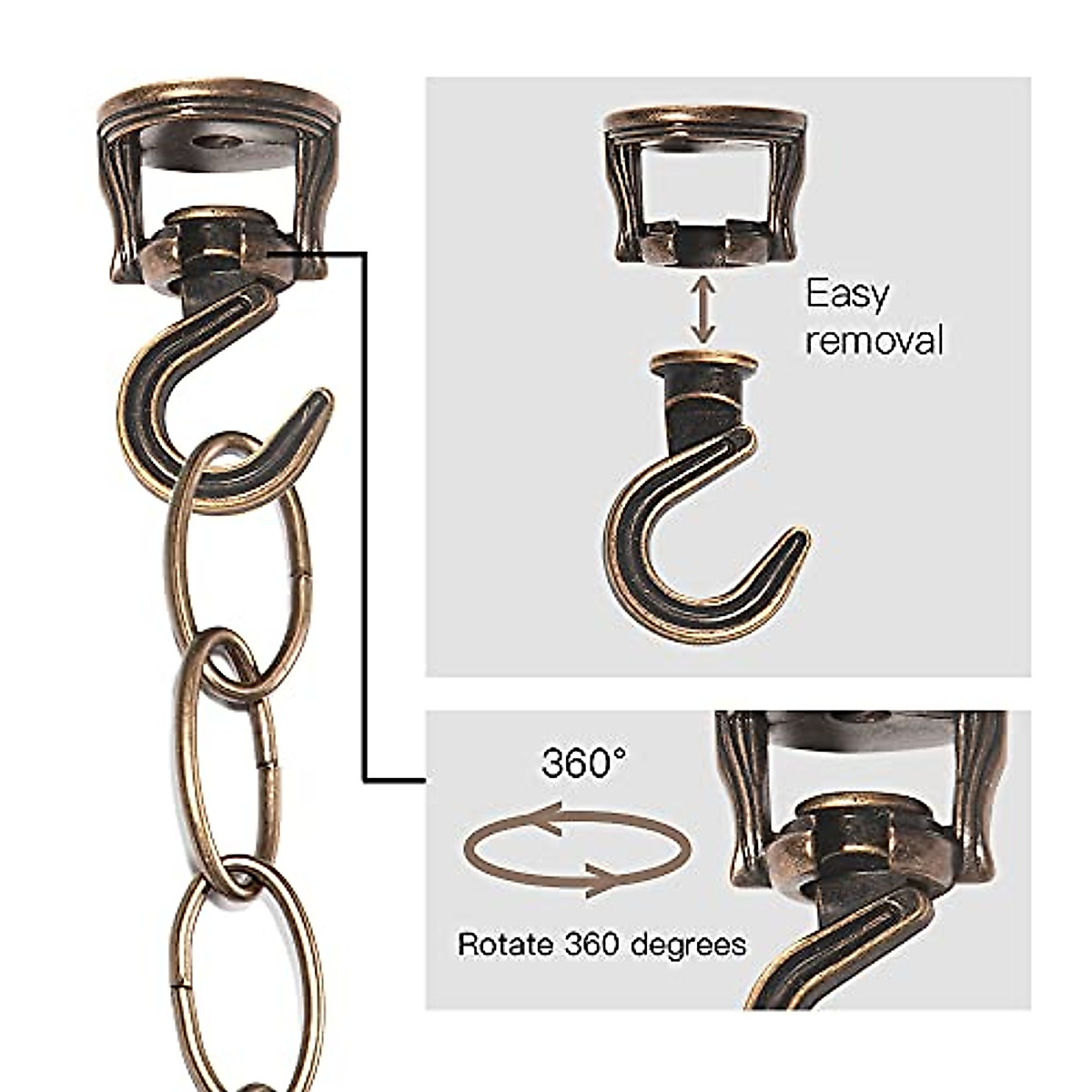 Rddconkit 2-Pack Swivel Swag Hook Metal Chain Extension, Heavy Duty Swivel Ceiling Hook for Hanging Plants / Chandeliers / Baskets / Indoor & Outdoor Use (Bronze)