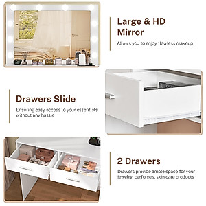 FIONESO Vanity Desk with Large Mirror, Makeup Vanity Table with Power Strip, 10 Lights & 2 Drawers, Dressing Table Set with 3 Lighting Color Adjustable for Women and Girls, Bedroom, White