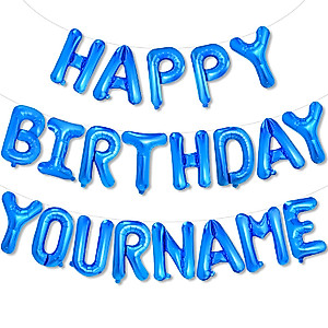 Gojmzo Personalized Name Happy Birthday Banner Decorations Blue Happy Birthday Sign Balloon Letter Balloons 2 Sets A-Z 16'' Mylar Foil Birthday Party Decorations for Kids, Women, Men, Blue