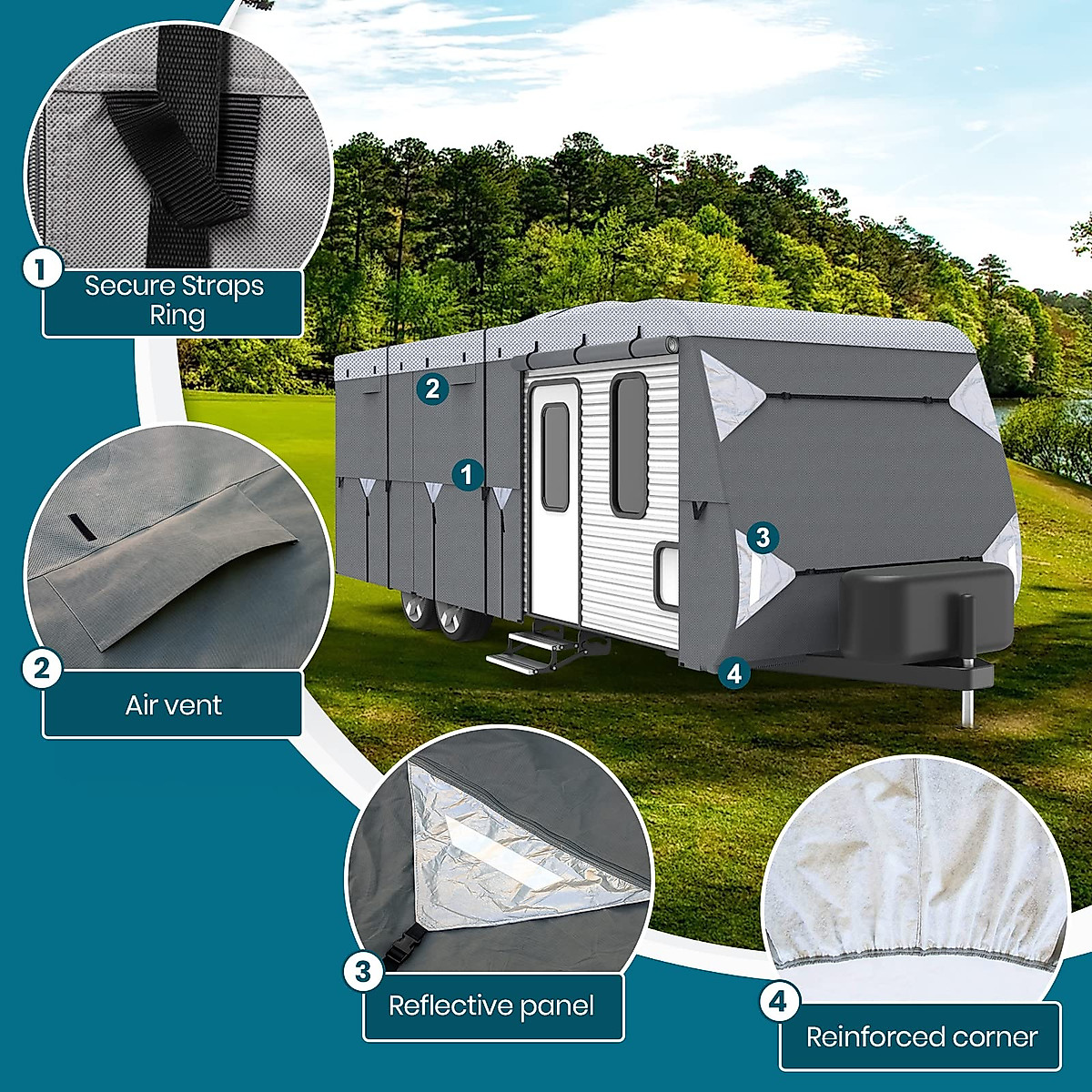 XGEAR RV Cover Travel Trailer Covers Fits 27'-30' Rv Trailer, Durable Premium Solar Shield Camper Cover with 4 Tire Covers, Repair Patches, 2 Extra Straps