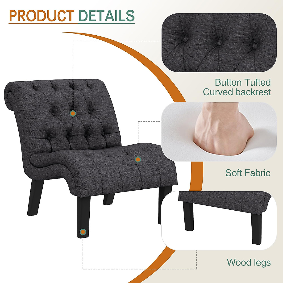HAOBO Home Accent Chair Button Tufted Slipper Chair Armless Side Chair for Living Room Dining Room Bedroom Funiture