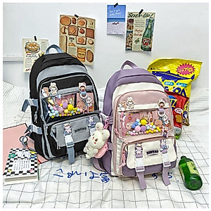 MocaDng Backpack for Girls, Kawaii Backpack Cute Aesthetic Backpack with Pin Accessories Plush Pendant, 17.7 Inch Backpack for School & Travel - Durable, Water Resistant (Black)