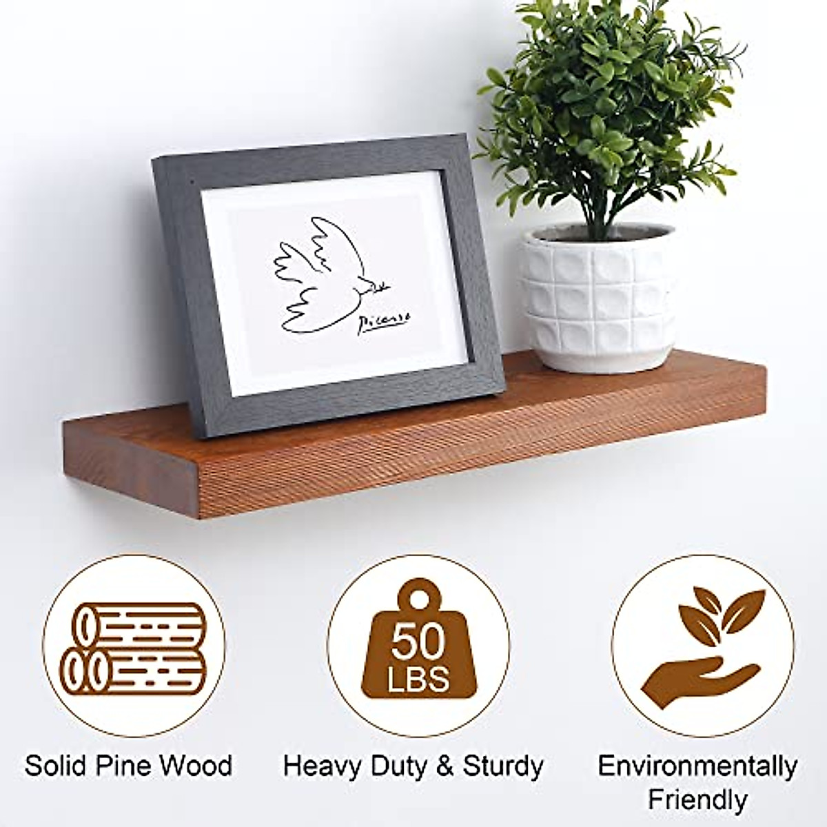 Marsmiles Floating Shelves Solid Wood Set of 2, Rustic Wood Wall Shelves, Wooden Wall Mounted Farmhouse Shelves for Bathroom Kitchen Living Room Bedroom - Light Walnut