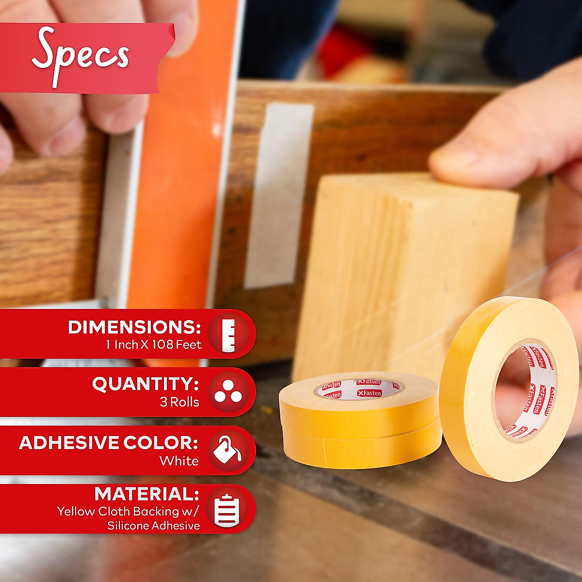 XFasten Double Sided Woodworking Tape, 1-Inch by 36-Yards, 3-Pack - Double Face Woodworker Turner's Tape for Wood Template, Removable & Residue Free